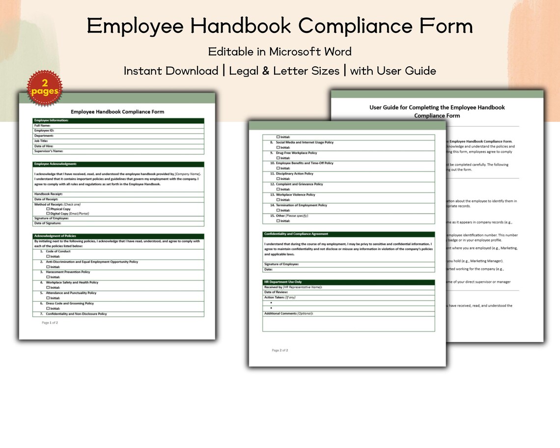 Employee Handbook Compliance Form – Editable and Printable HR Template ...