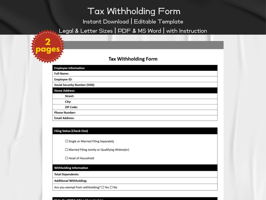 Tax Withholding Form Editable and Printable Template | Payroll and ...