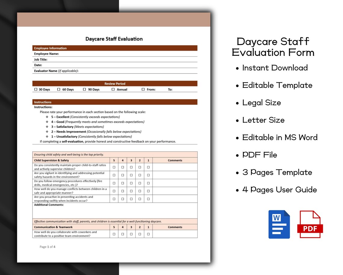 Daycare Staff Evaluation Form Printable and Editable Template ...