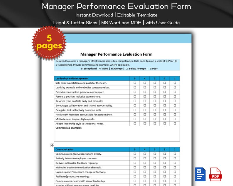 Manager Performance Evaluation Form Editable and Printable Template ...