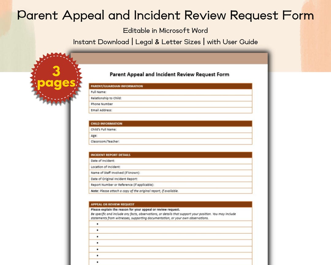 Daycare Parent Appeal and Incident Review Request Form Editable and ...