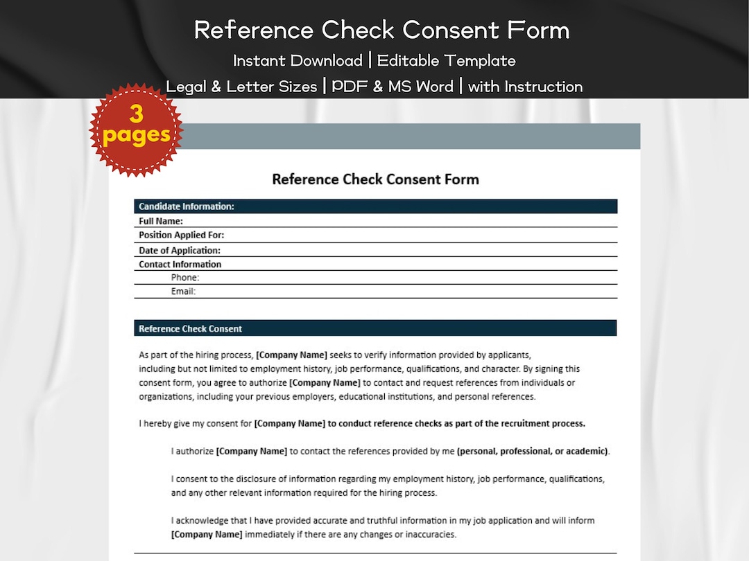 Reference Check Consent Form Editable and Printable Template With ...
