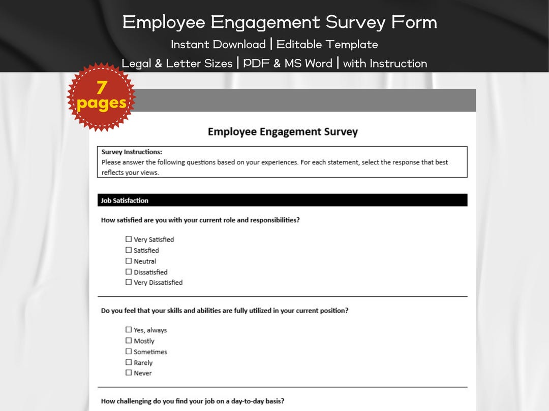 Employee Engagement Survey Editable and Printable Template With Manual ...