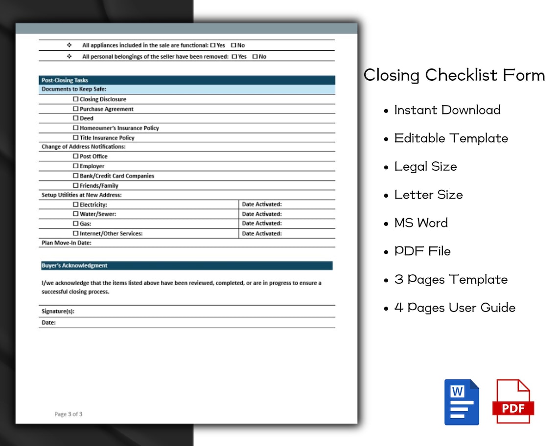 Closing Checklist Form Editable and Printable Template for Real Estate ...