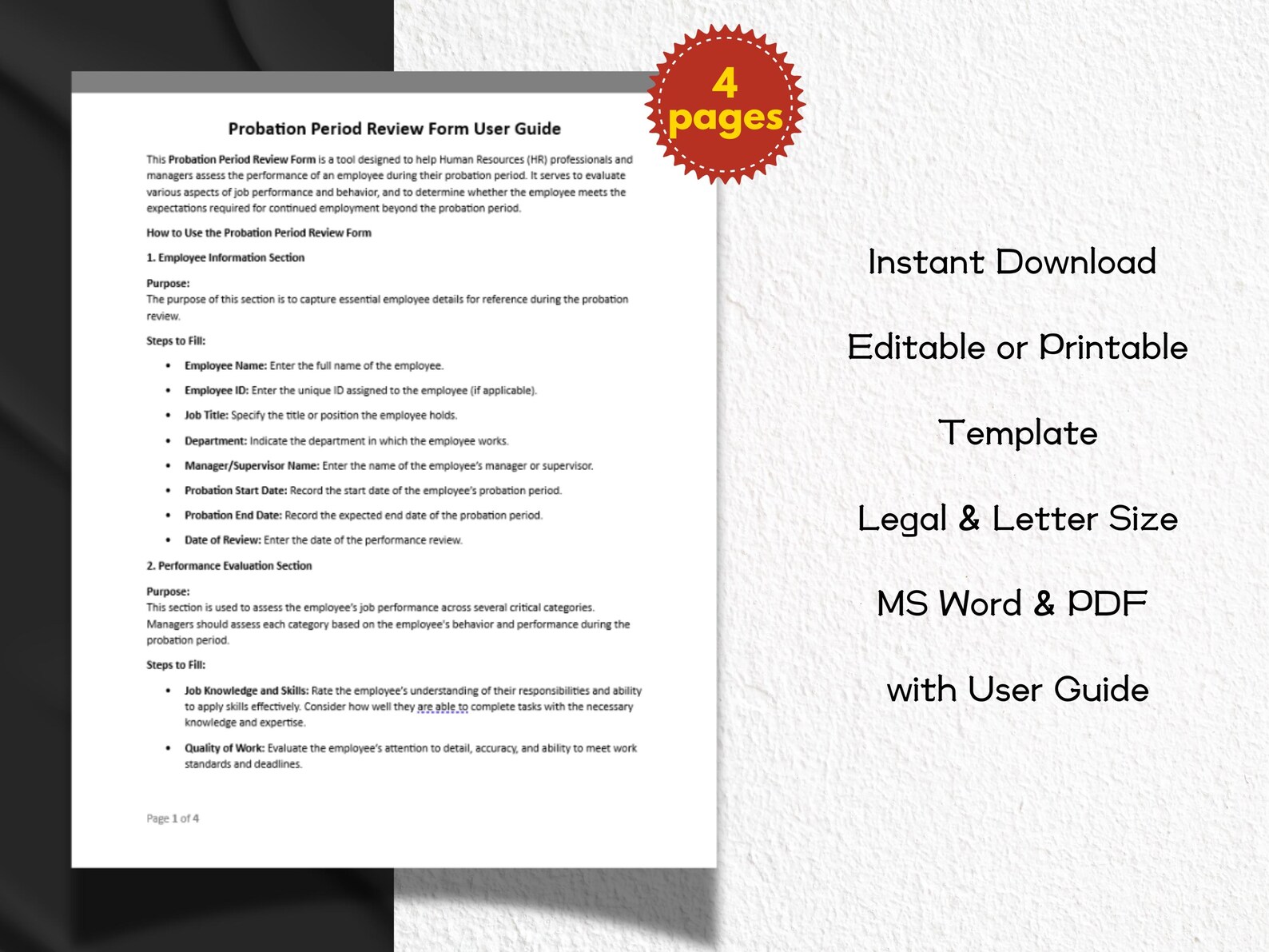 Probation Period Review Form Editable and Printable Template With ...