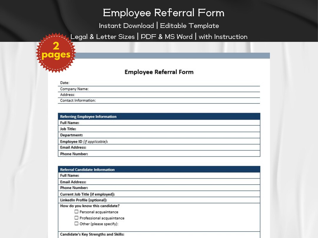 Employee Referral Form Editable and Printable Template With Manual | HR ...