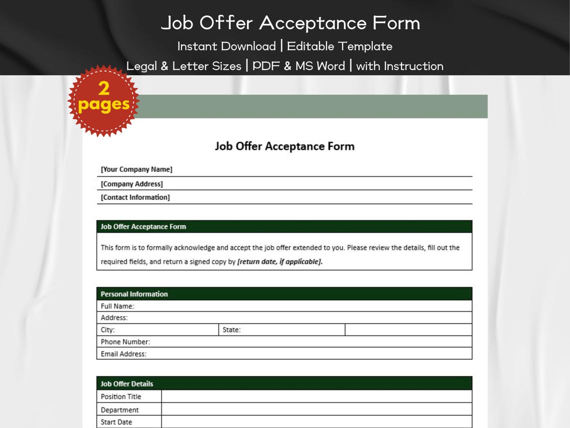 Job Offer Acceptance Form Editable and Printable Template With Manual ...