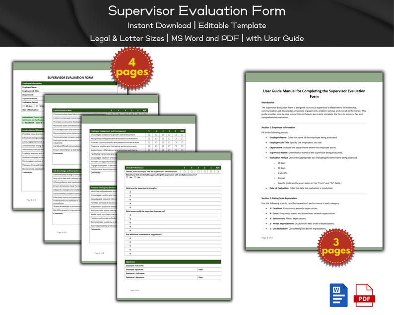 Supervisor Evaluation Form Editable and Printable Template With Manual | HR Professionals ...