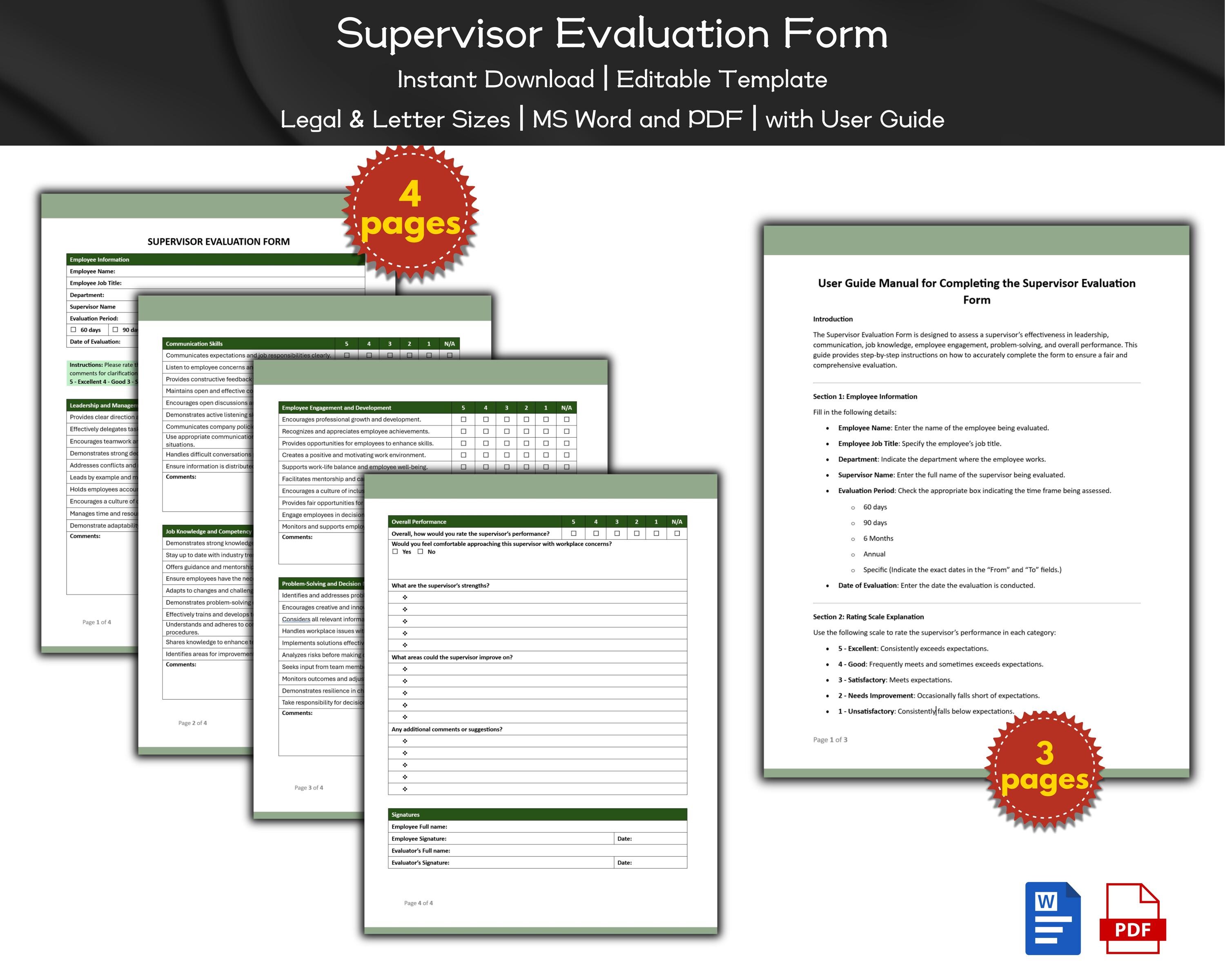 Supervisor Evaluation Form Editable and Printable Template With Manual ...