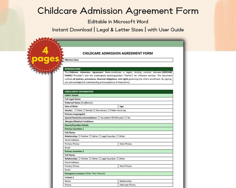 Daycare Childcare Admission Agreement Form for Daycare Editable and ...