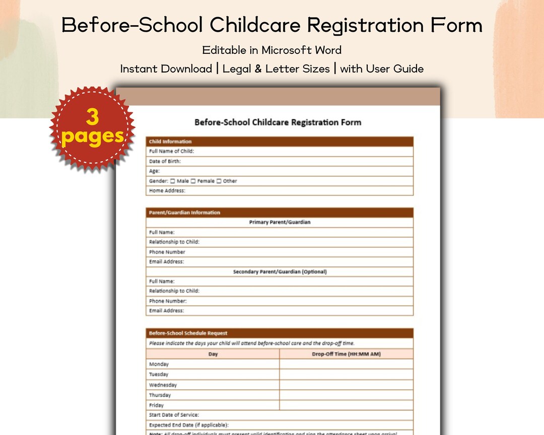 Daycare Before-school Childcare Registration Form Editable and ...