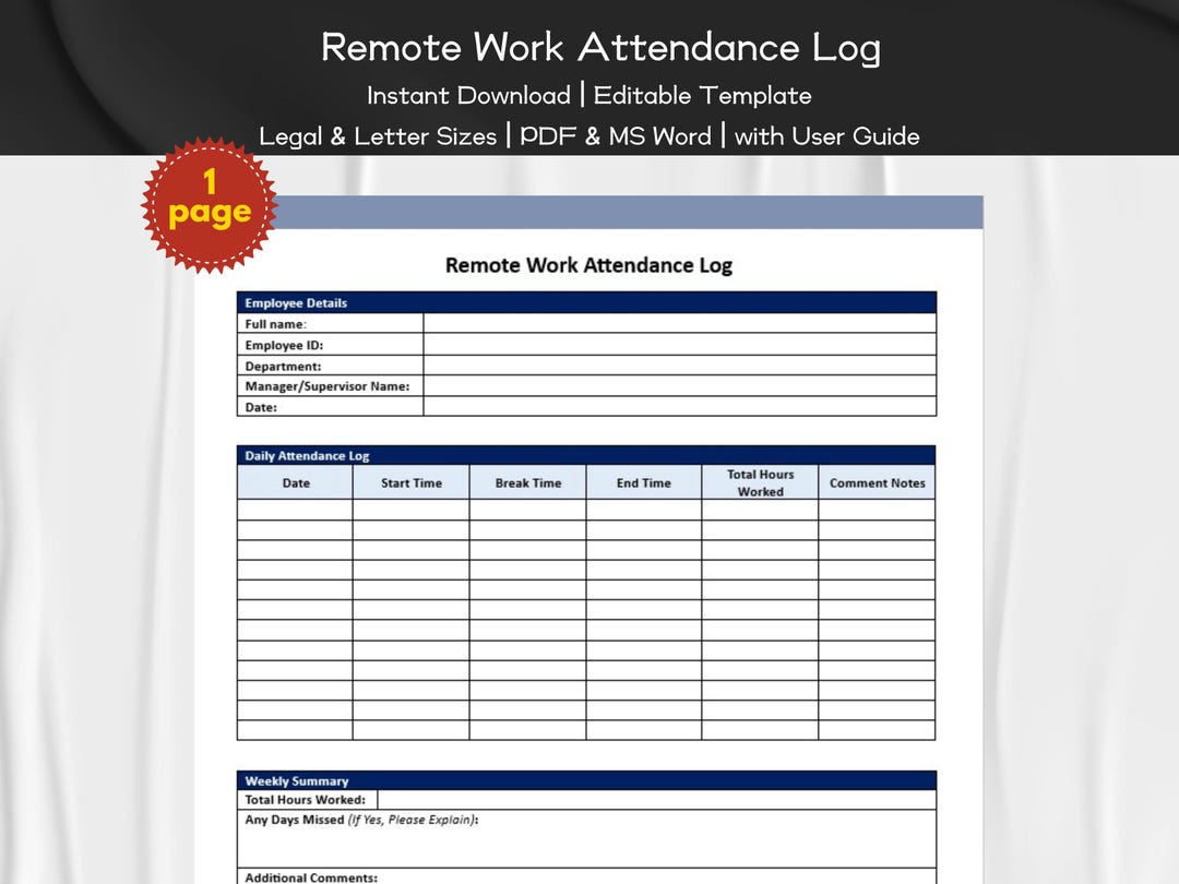 Remote Work Attendance Log Editable and Printable Template | Employee ...