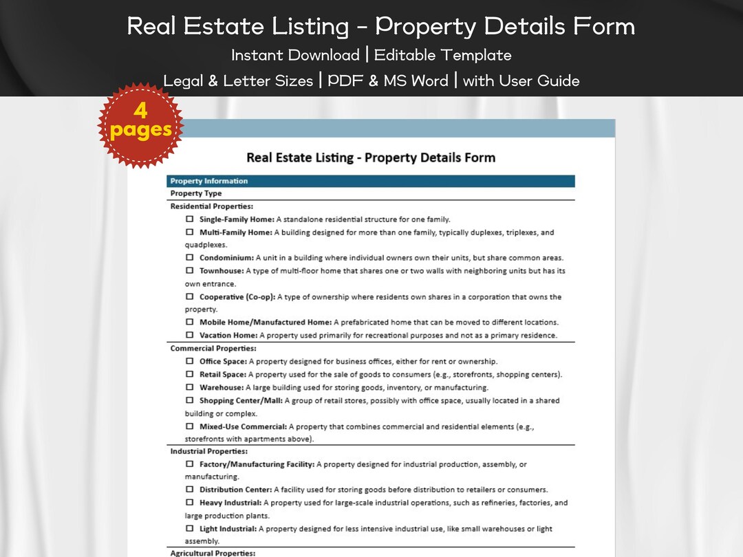 Property Details Form Editable and Printable Template for Real Estate ...