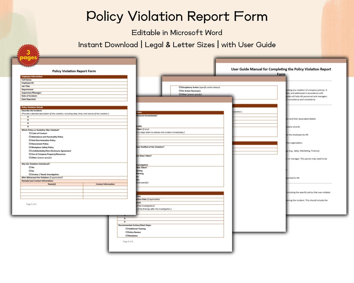 Policy Violation Report Form – Editable and Printable HR Template for ...