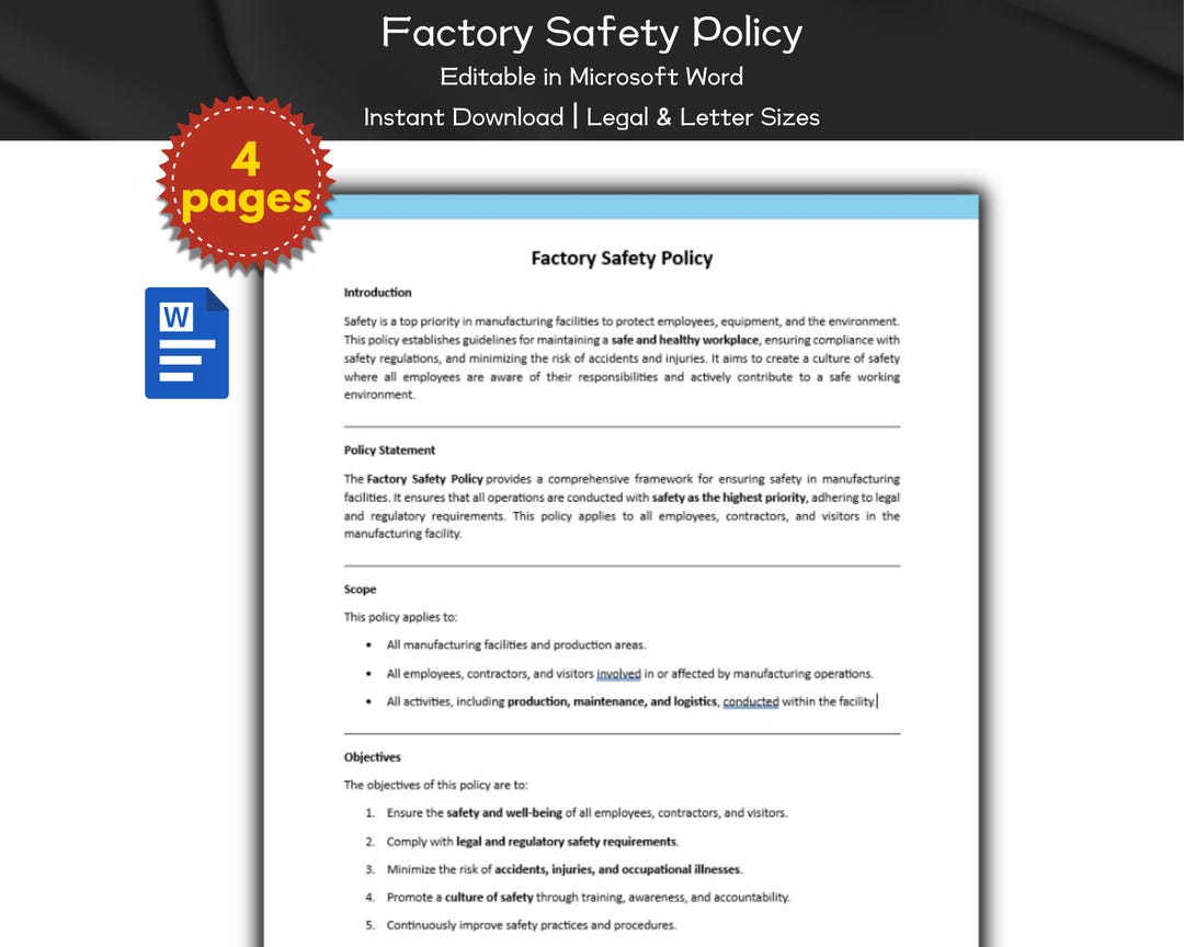 Factory Safety Policy Editable Template, Manufacturing and Supply Chain ...