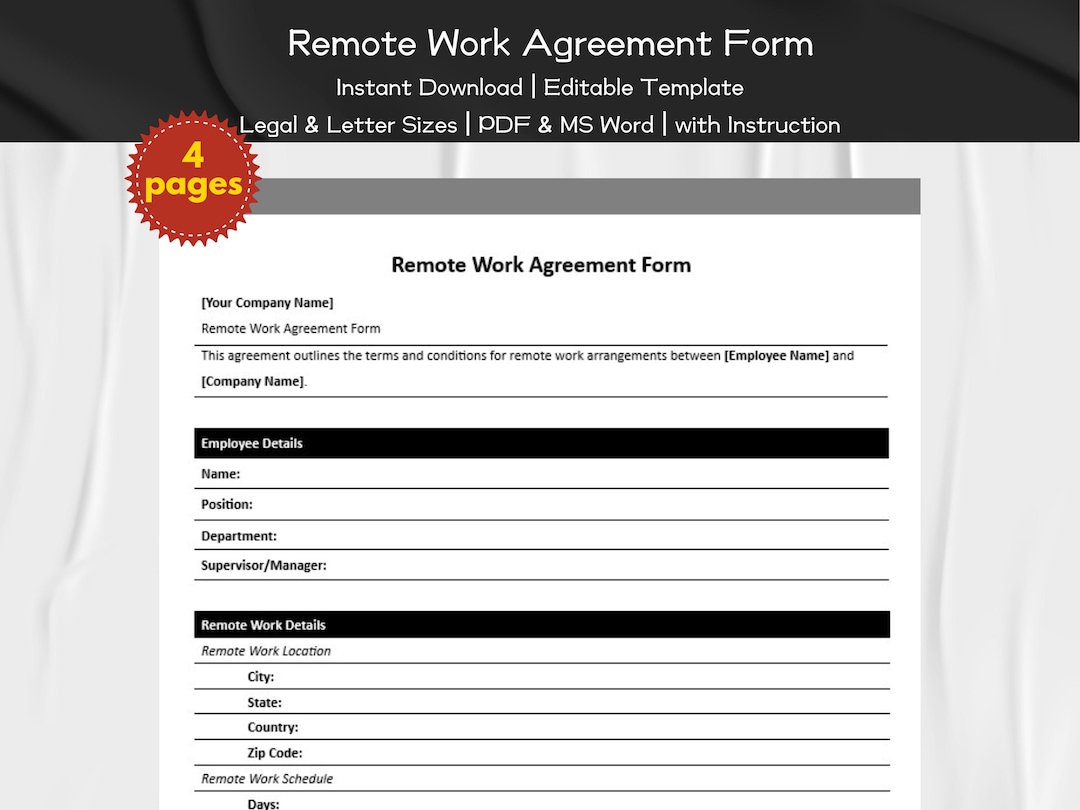 Remote Work Agreement Form Editable and Printable Template With Manual ...