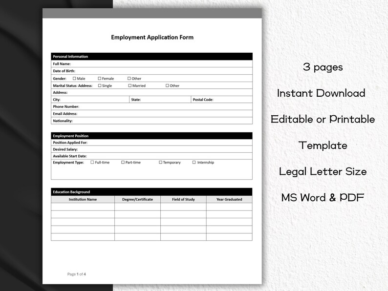 Employment Application Form Editable and Printable Template ...