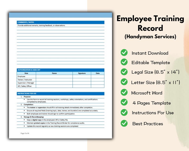 Employee Training Record Form Editable and Printable Template, Handyman ...
