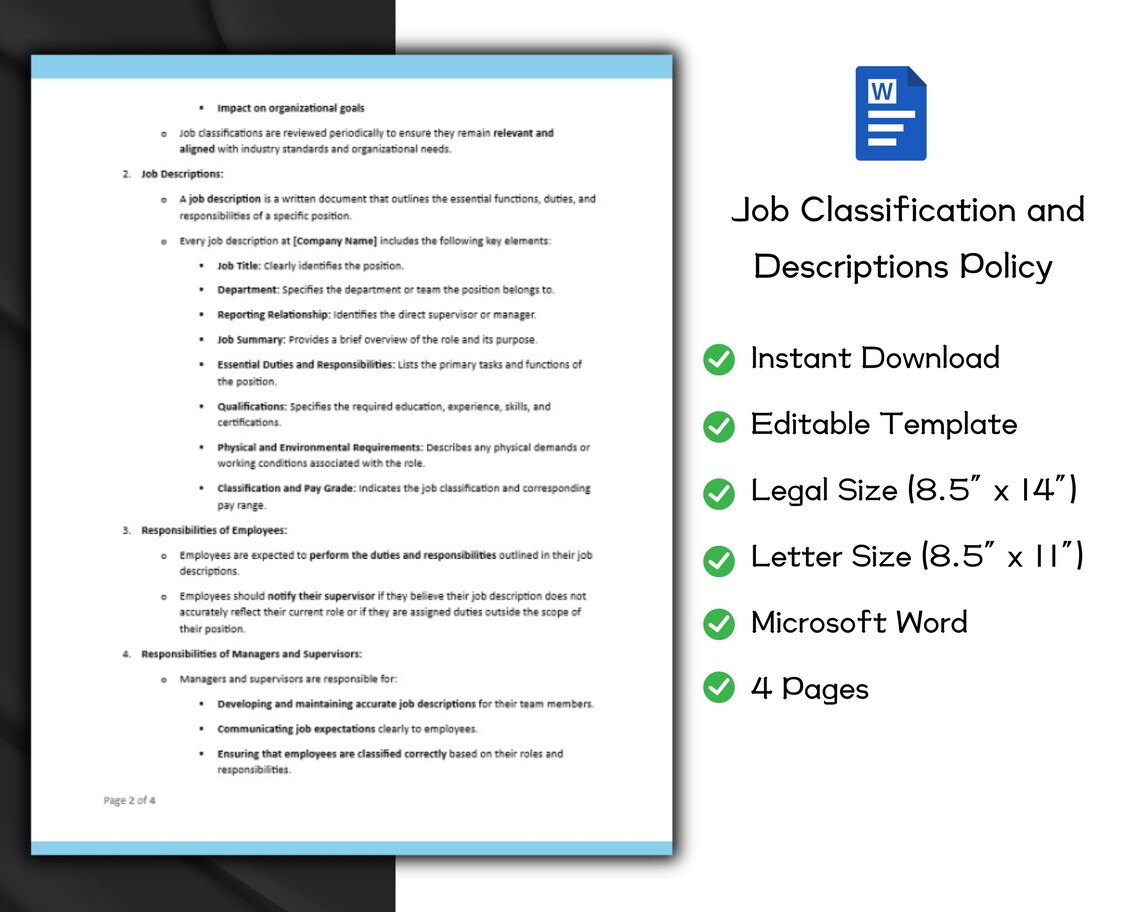 Job Classification and Descriptions Policy Editable Template | Human ...