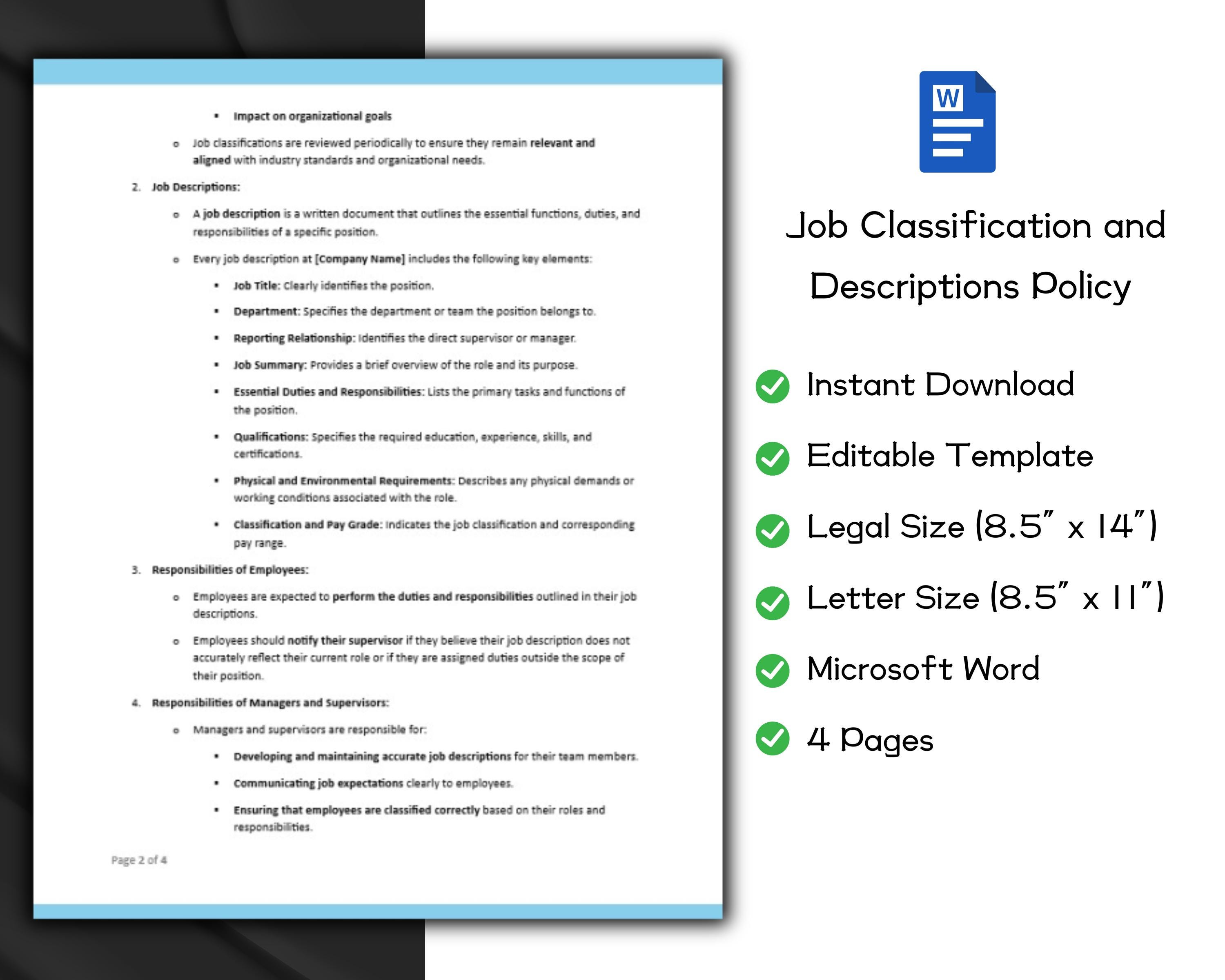 Job Classification and Descriptions Policy Editable Template | Human ...