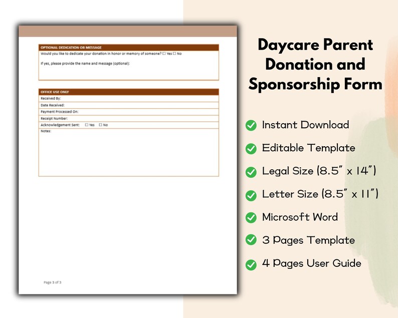 Daycare Parent Donation and Sponsorship Form Editable and Printable ...