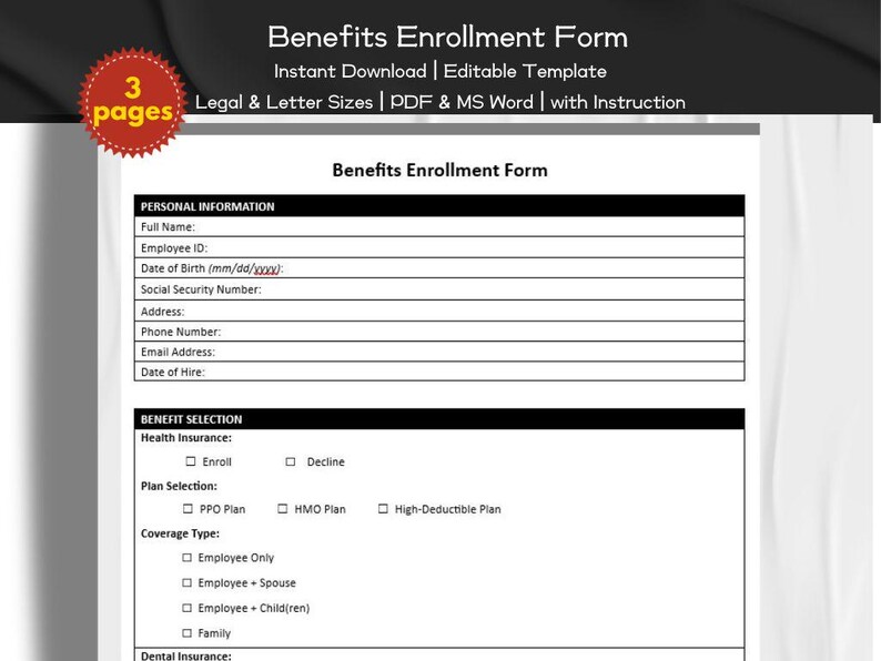 Benefits Enrollment Form Editable and Printable Template | Recruitment ...