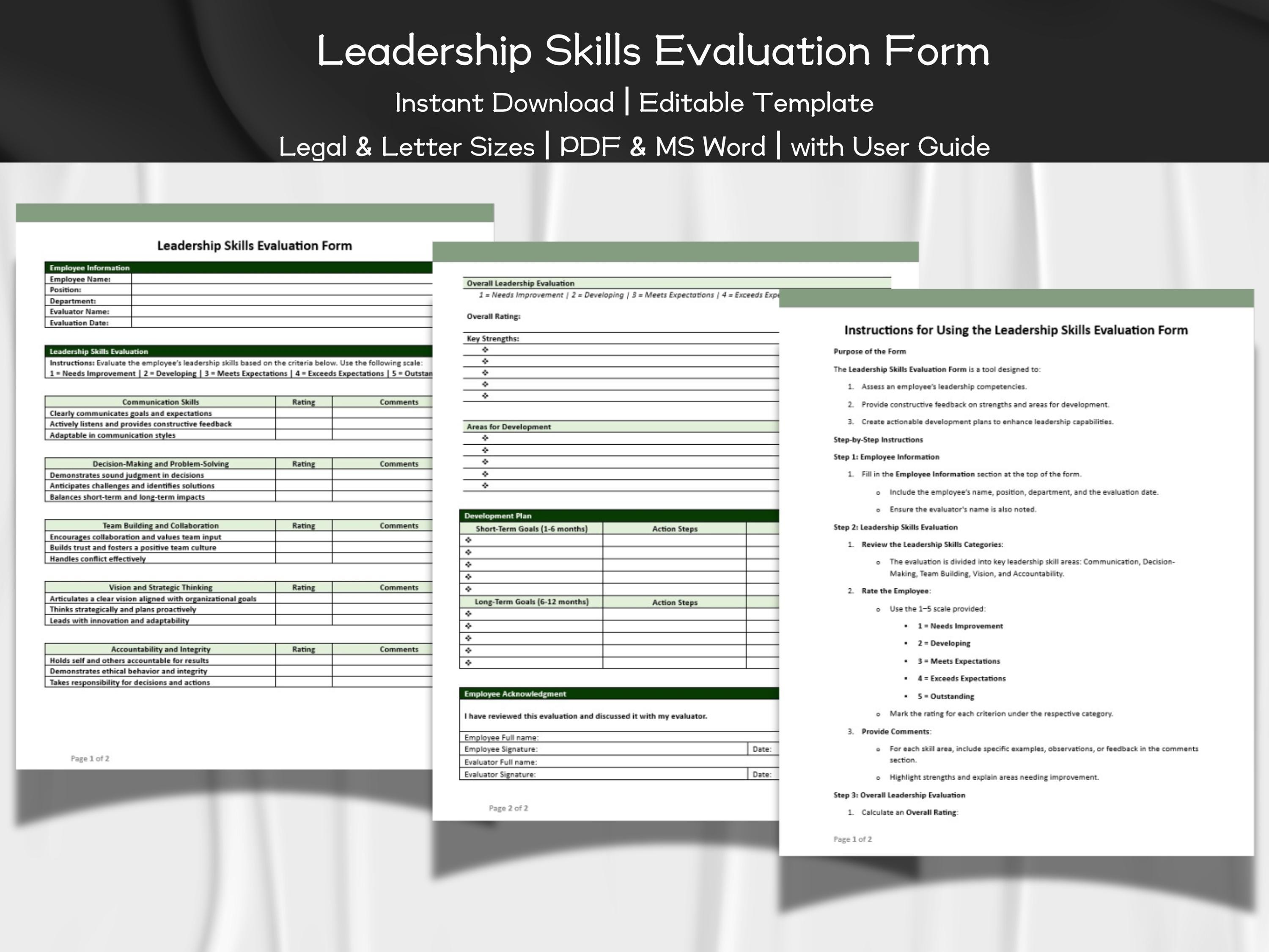 Leadership Skills Evaluation Form Editable and Printable | Employee ...