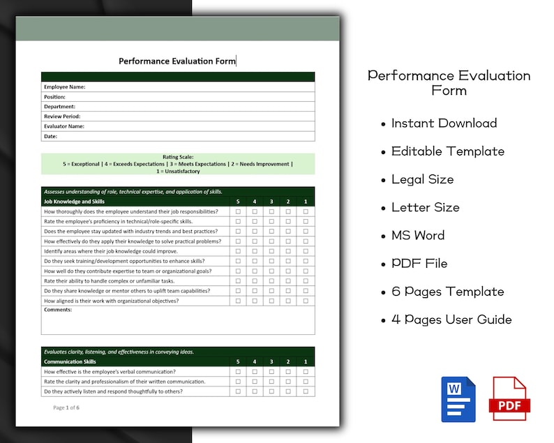 Performance Evaluation Form Editable and Printable Templates | HR ...