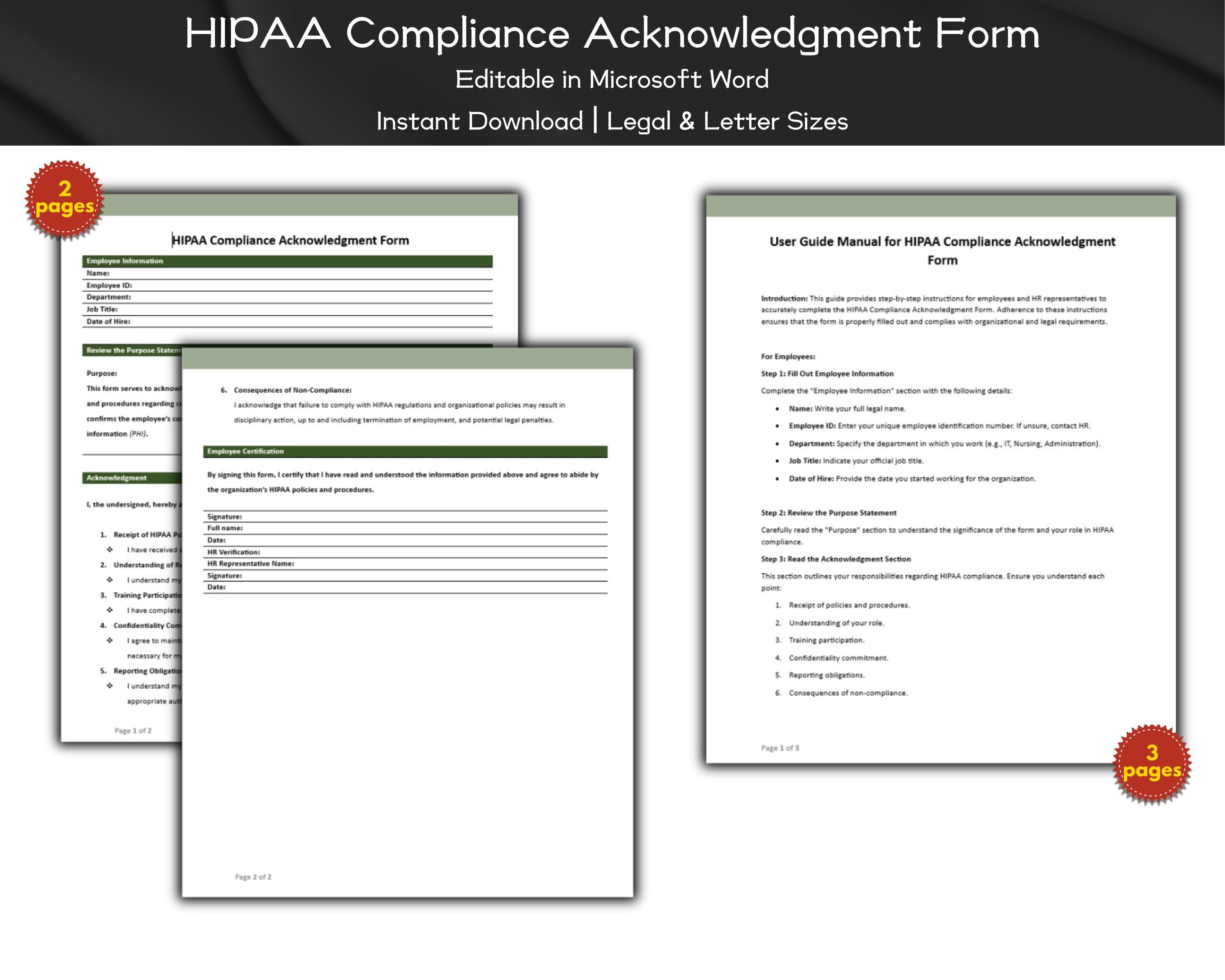 HIPAA Compliance Acknowledgment Form Editable and Printable Template ...