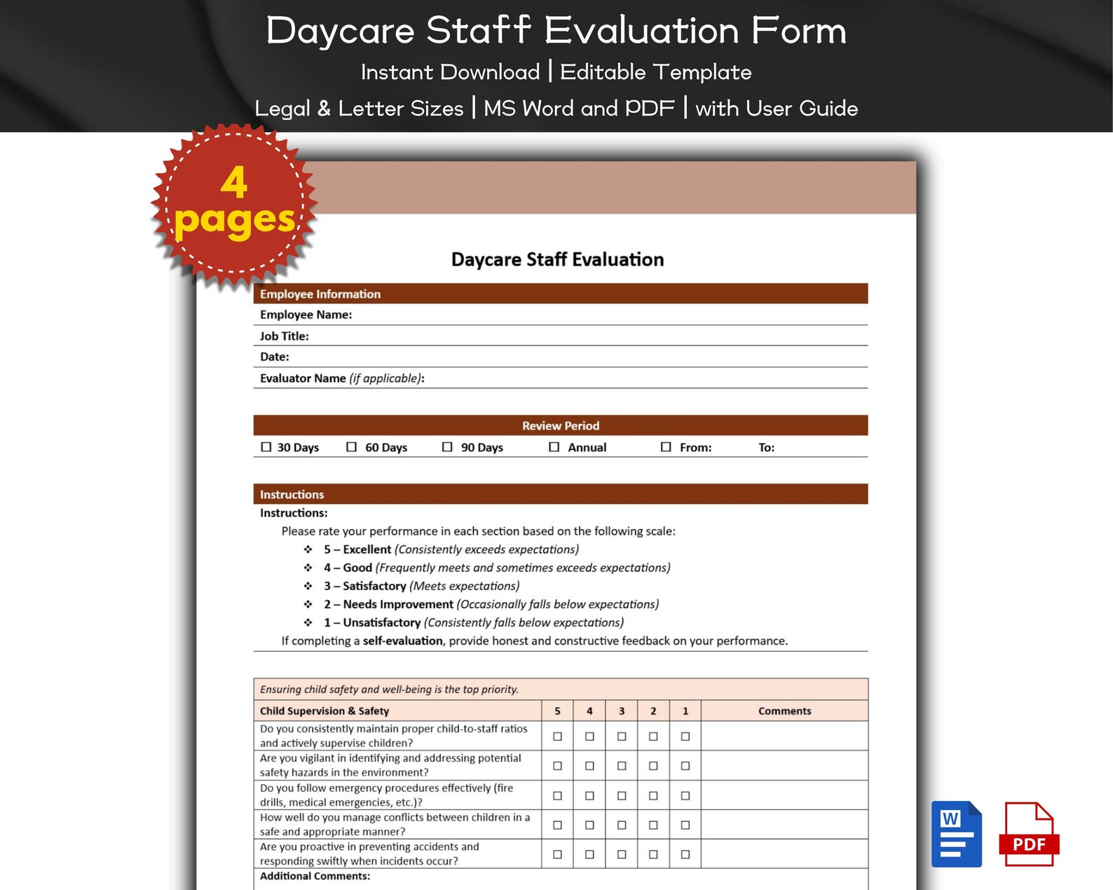 Daycare Staff Evaluation Form Printable and Editable Template ...