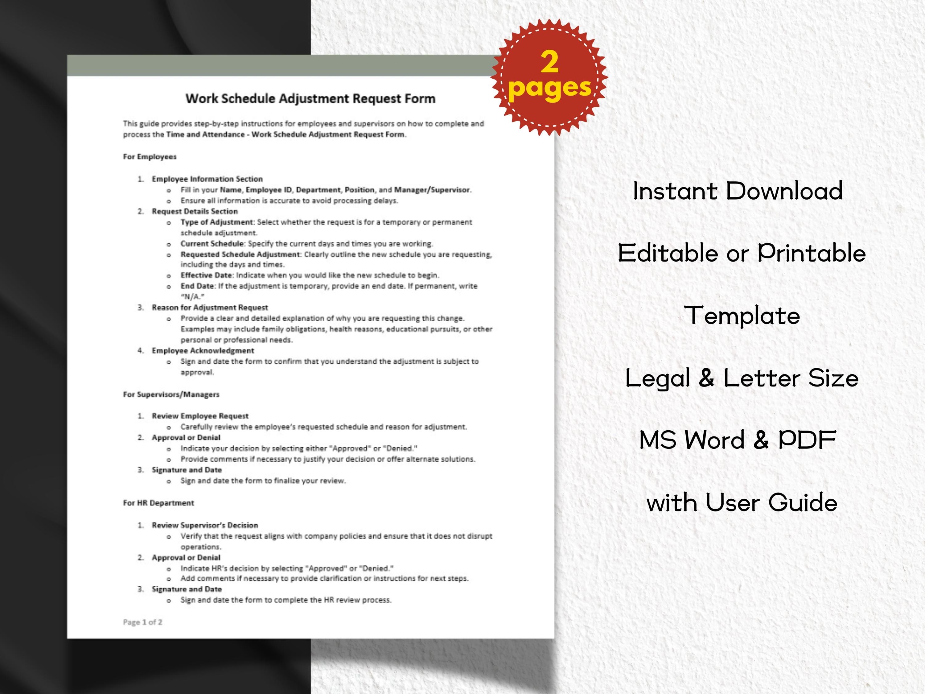 Work Schedule Adjustment Request Form Editable and Printable Template ...