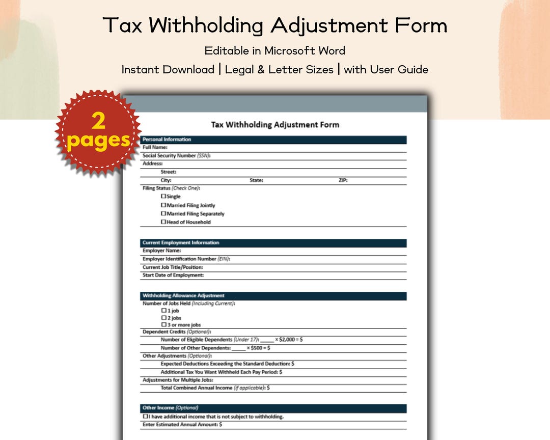 Tax Withholding Adjustment Form – Editable and Printable Template to ...