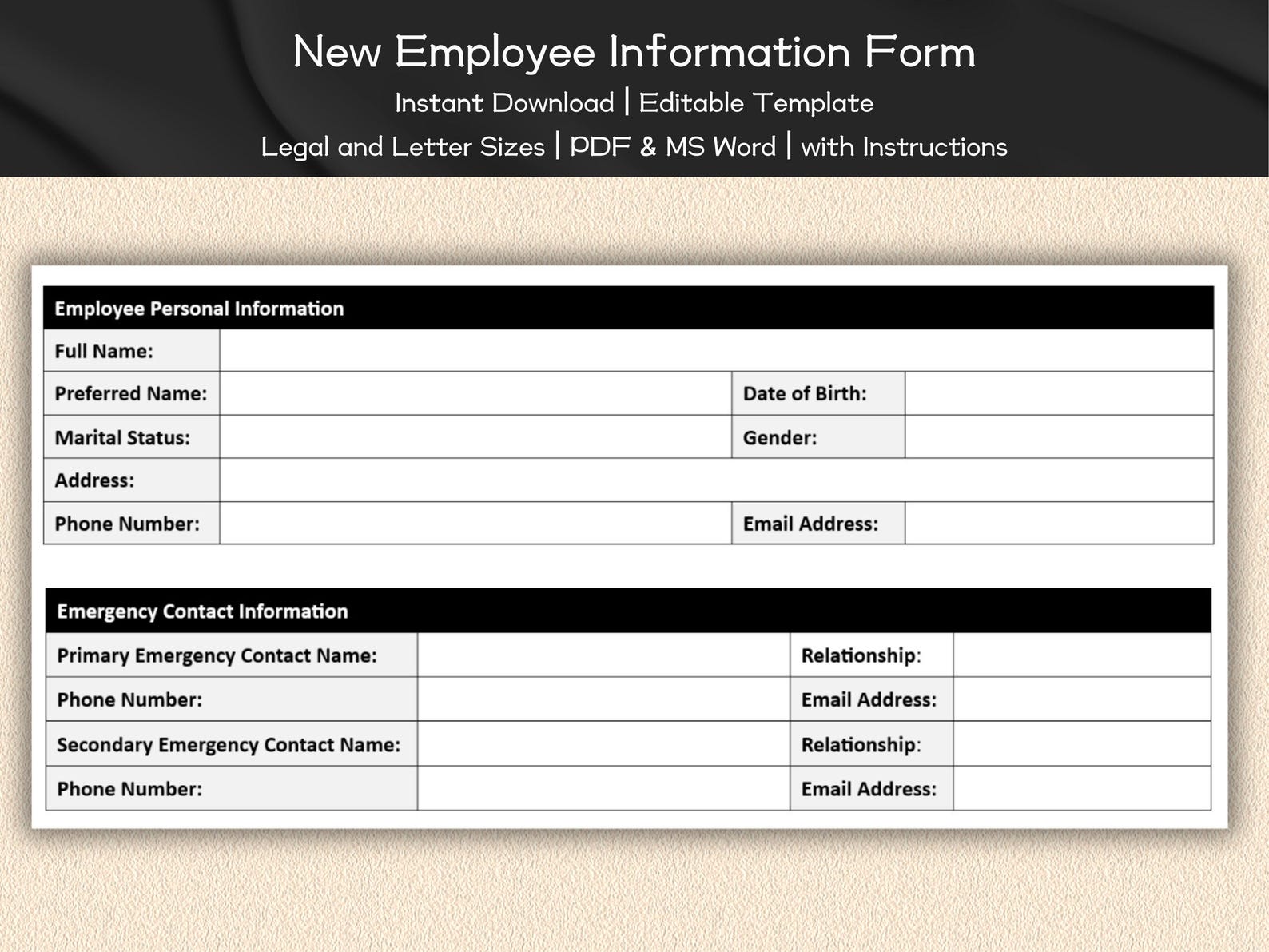 New Employee Information Form Editable Template | Employee Details Form ...