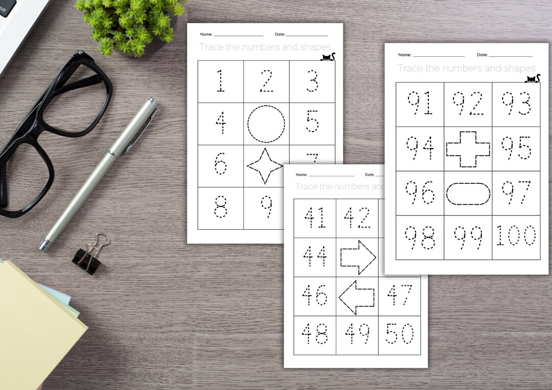 1 to 100 Trace Numbers and Shapes Printable Worksheets | Learning ...