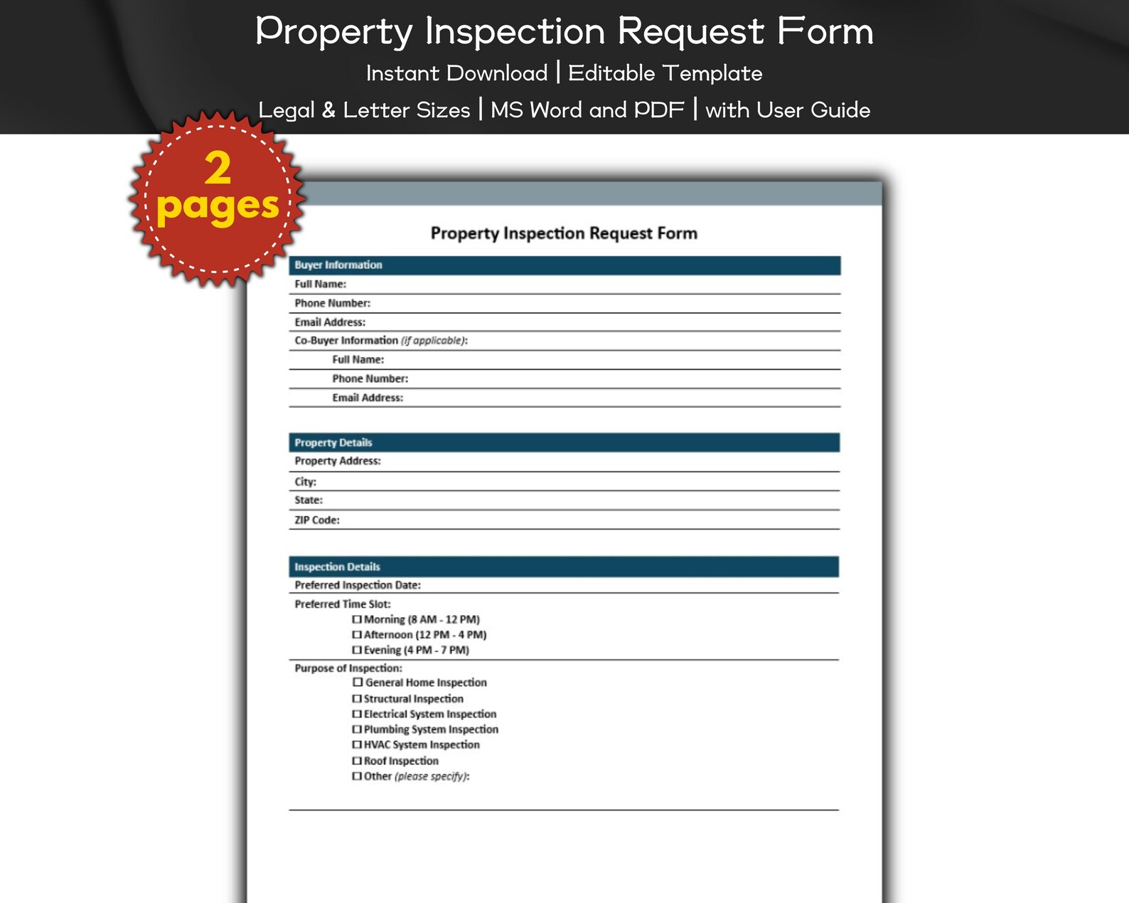 Property Inspection Request Form Editable and Printable Template | Real ...