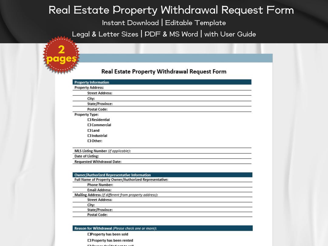 Property Withdrawal Request Form Editable and Printable Template for ...