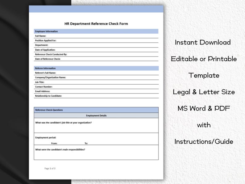 Employee Reference Check Form Editable Template and Printable Template ...