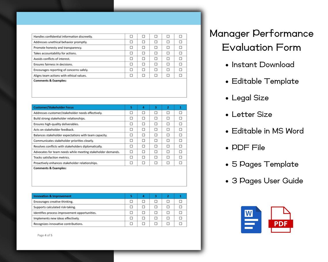Manager Performance Evaluation Form Editable and Printable Template ...