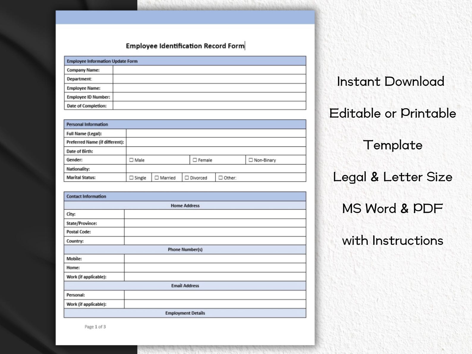 Employee Identification Record Form Editable and Printable Template ...
