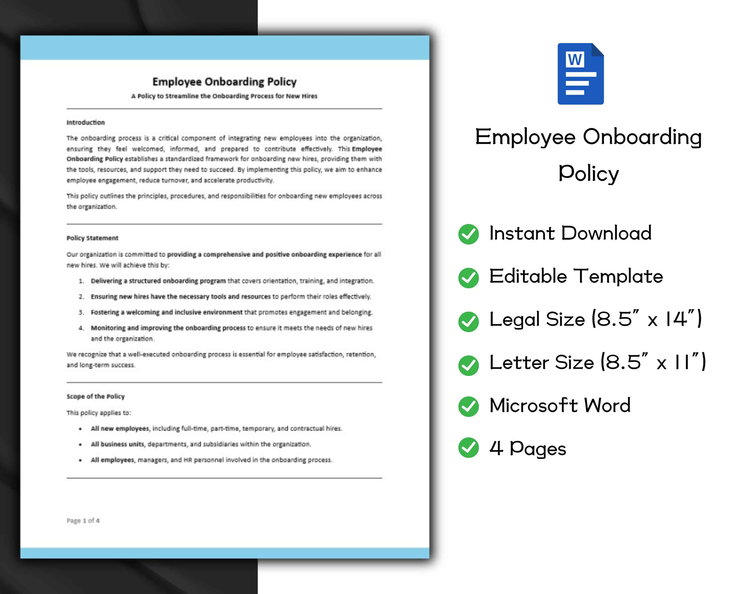 Employee Onboarding Policy Editable Template | Human Resource Policy ...