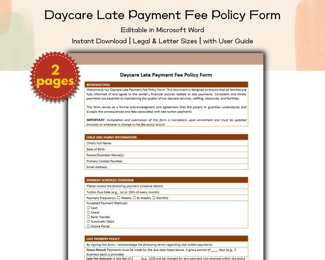Daycare Late Payment Fee Policy Form Editable and Printable Template ...