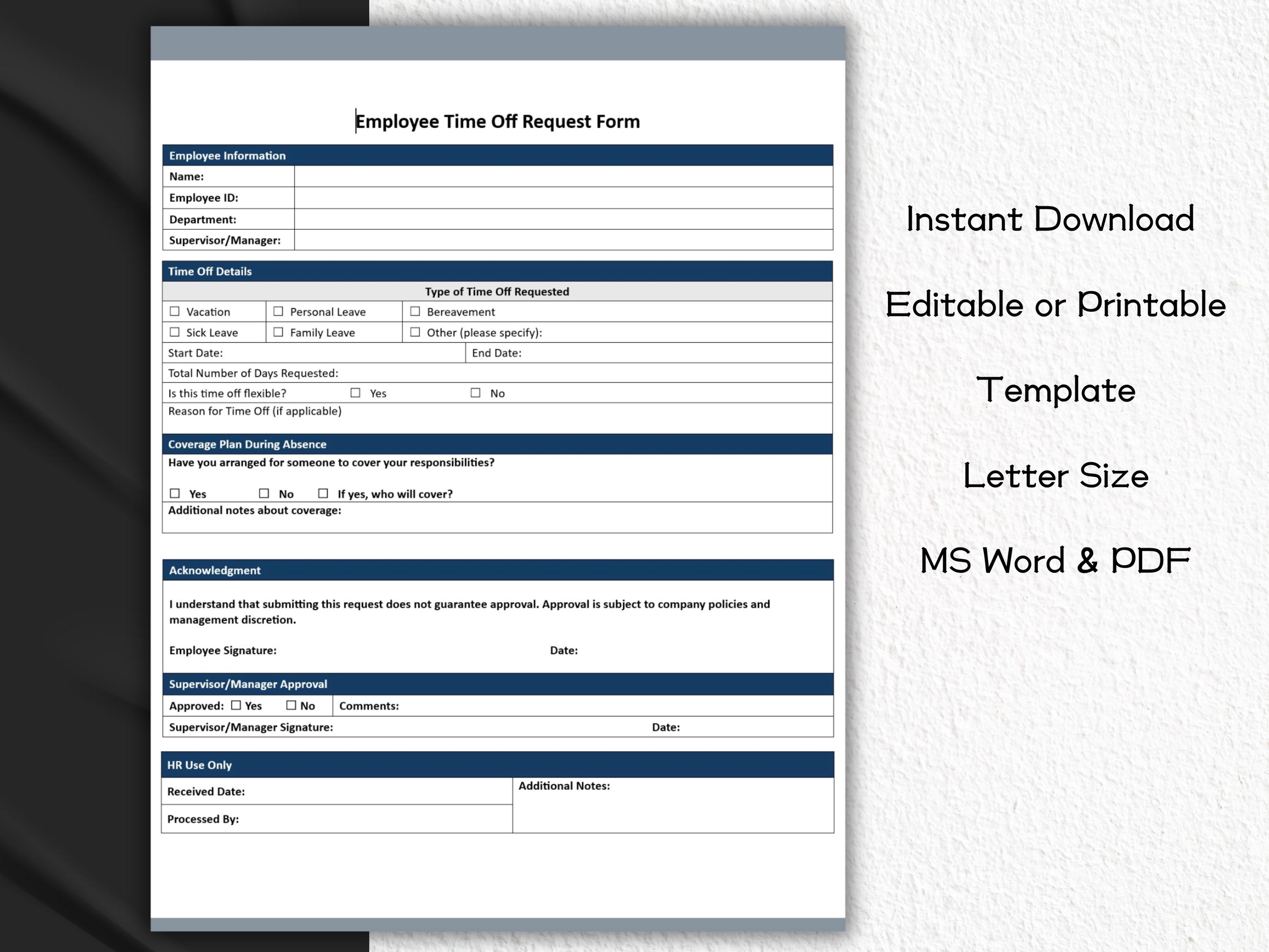 Time off Request Form Editable Template Sick Leave Request Form HR ...