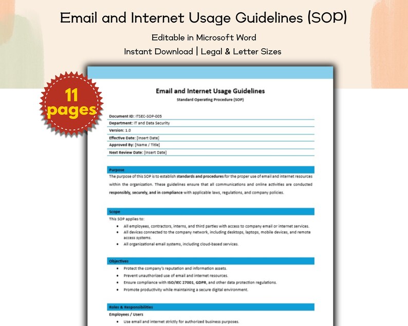 Email and Internet Usage Guidelines SOP Editable and Printable Template ...