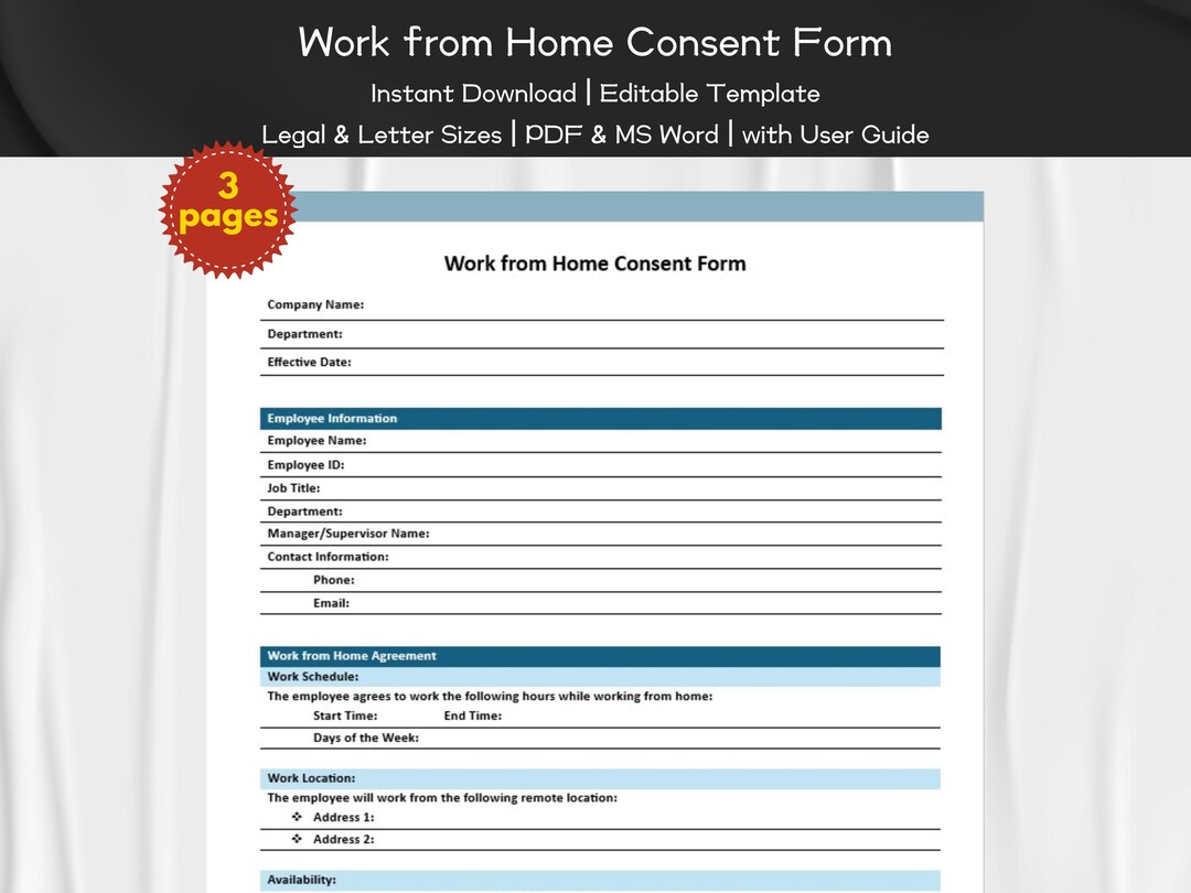 Work From Home Consent Form Editable and Printable Template | Work From ...