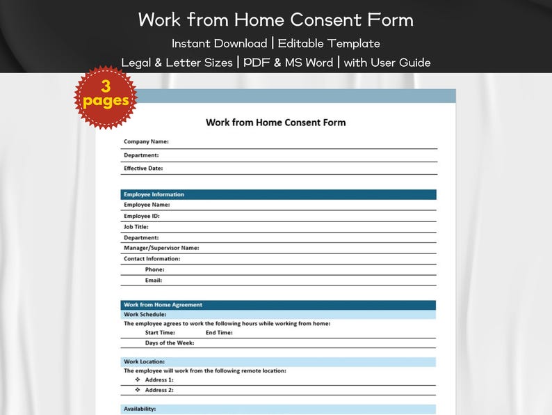 Work From Home Consent Form Editable and Printable Template | Work From ...
