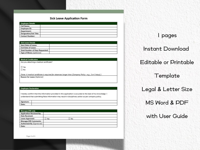 Sick Leave Application Form Editable and Printable Template | Employee ...