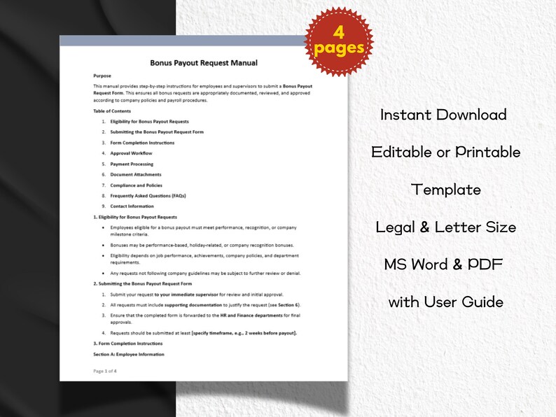 Bonus Payout Request Form Editable and Printable Template | Employee ...