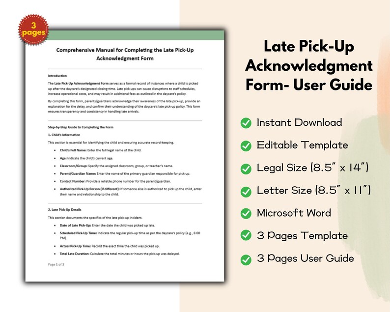 Daycare Late Pick-up Acknowledgment Form Editable and Printable ...