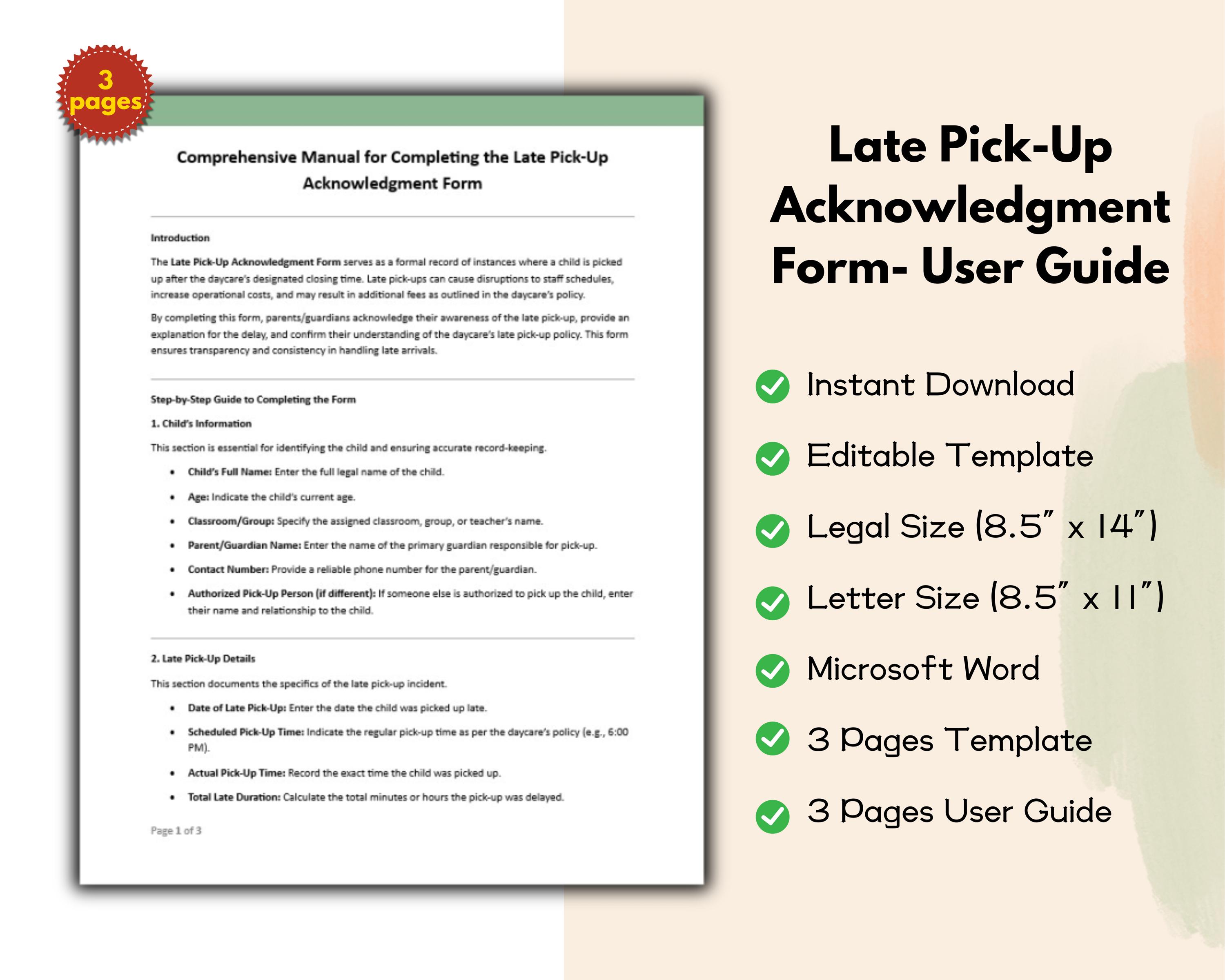 Daycare Late Pick-up Acknowledgment Form Editable and Printable ...