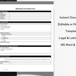 Attendance Correction Form Editable and Printable Template | HR ...